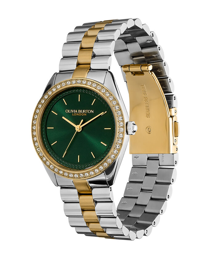Sports Luxe 34mm Bejewelled Forest Green & Two Tone Bracelet Watch ...