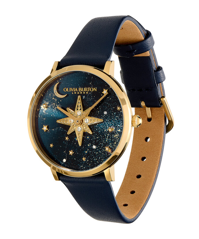 Celestial 35mm Nova Slim Gold & Sapphire Blue Leather Strap Watch ...