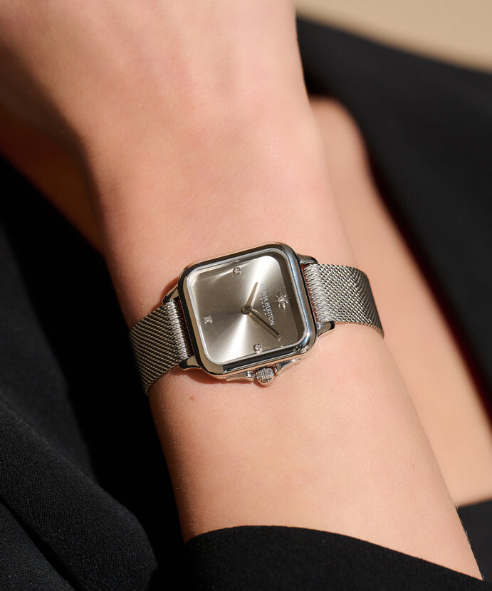 Classic 28mm Grosvenor Light Grey & Silver Mesh Watch | Olivia Burton ...