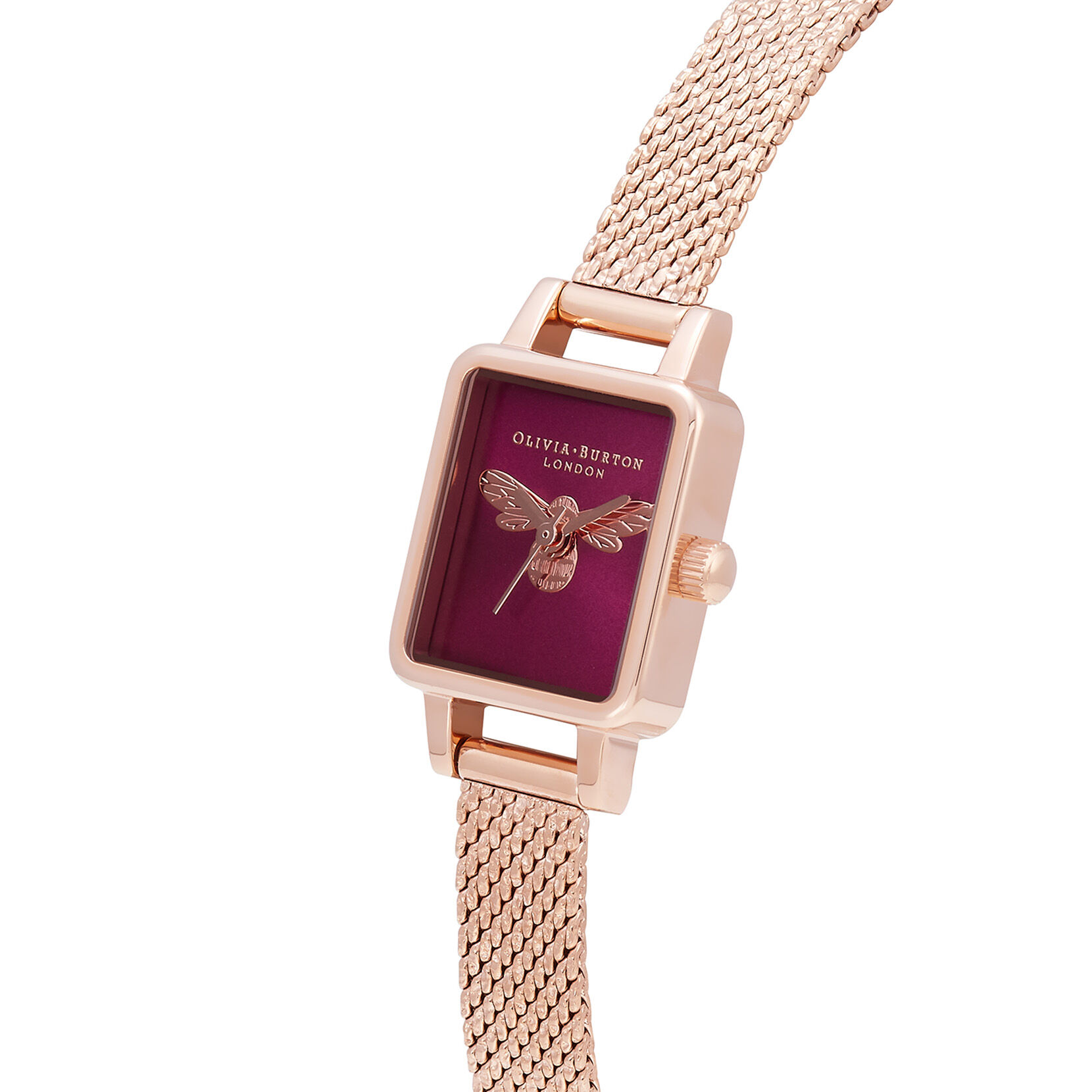 Lucky Bee Rectangular Burgundy & Rose Gold Mesh Watch | Olivia Burton ...