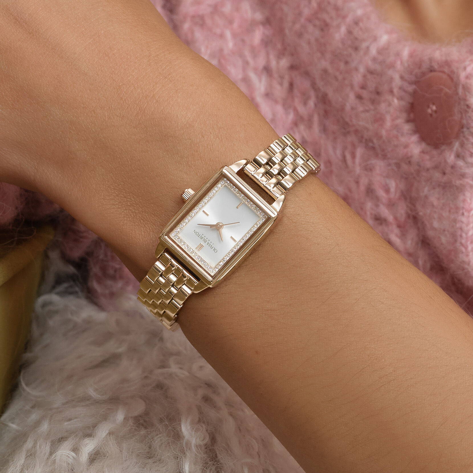 Townhouse 21mm Rectangle White & Carnation Gold Bracelet Watch | Olivia ...
